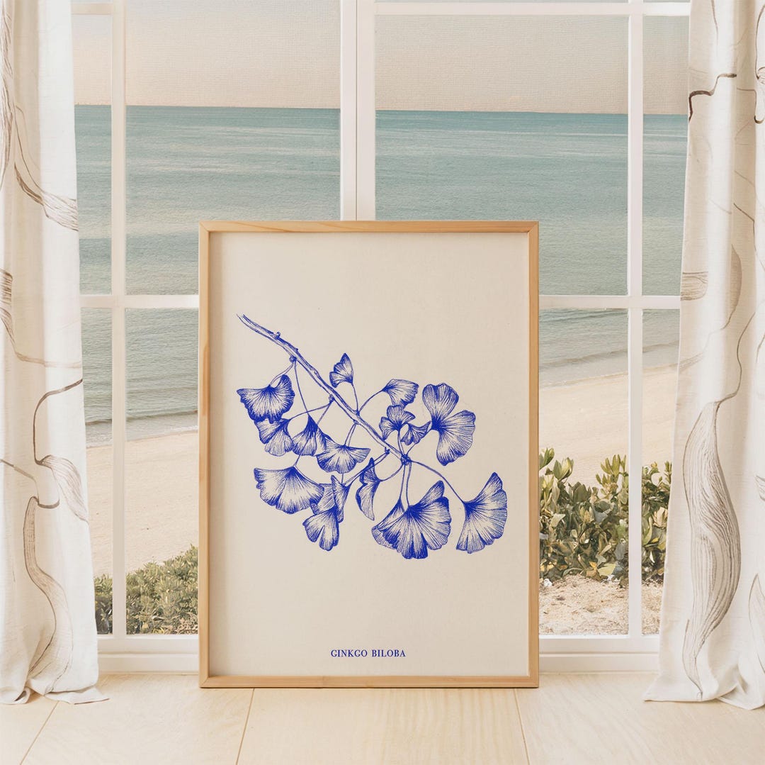 Modern Wall Art Ginkgo Blue Leaf Illustration Minimalist Home Decor ...