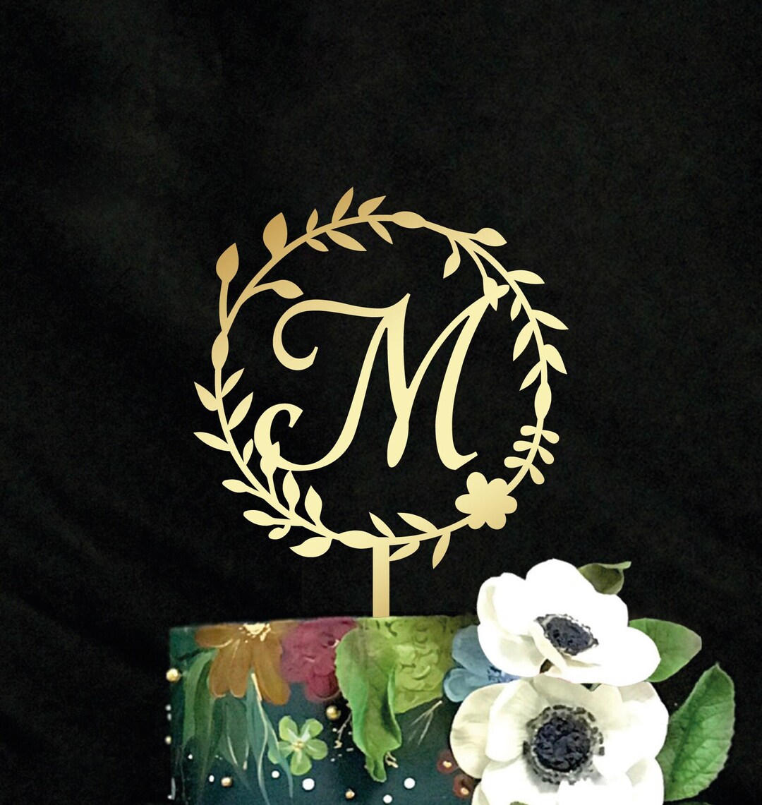 M Cake Topper Initial Wedding Cake Topper Wreath Cake Topper ...