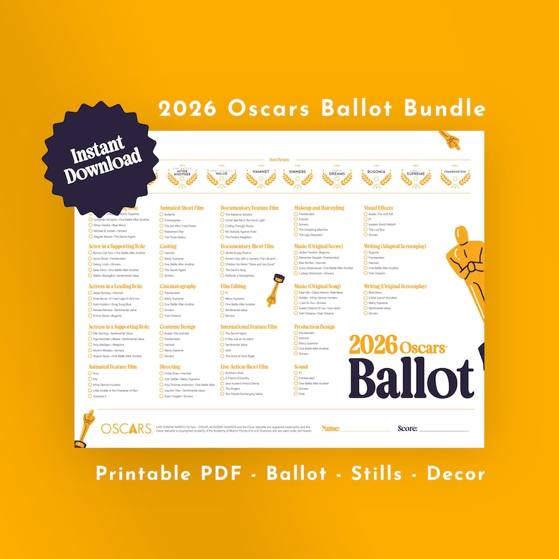2026 Oscars Party Printable Bundle | Academy Awards Ballot + Stickers ...