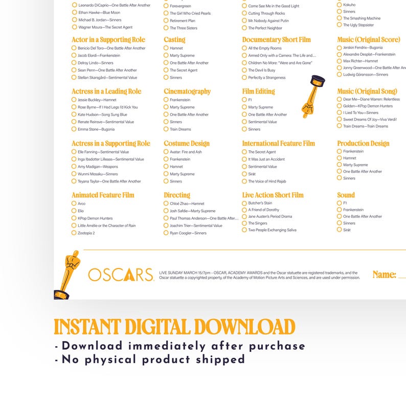 2026 Oscars Party Printable Bundle | Academy Awards Ballot + Stickers ...
