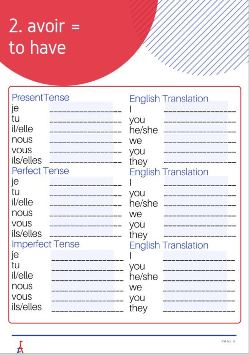 20 Verbs in French Fillable Workbook Download Version A Level GCSE ...