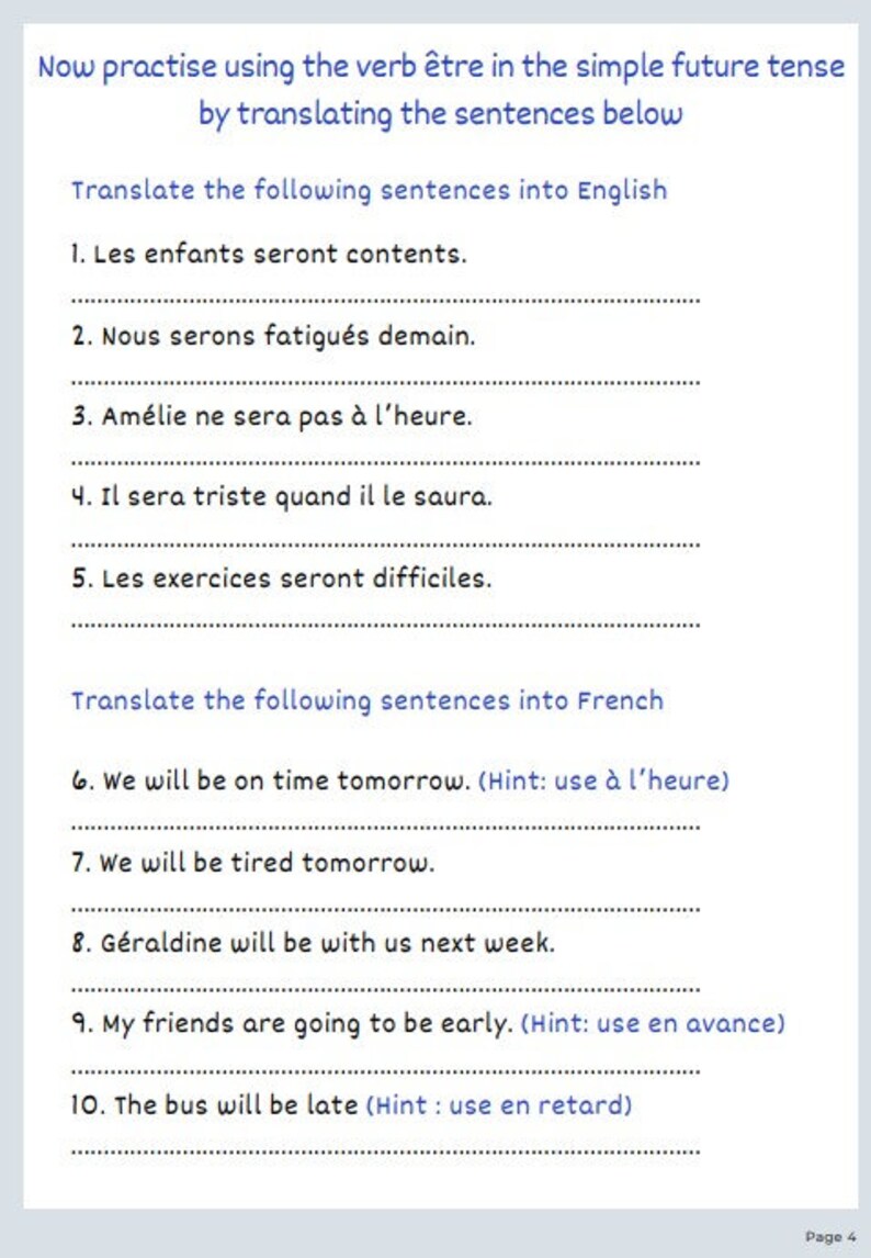 Etre Simple Future Printable French Verb Workbook Flashcards Worksheets ...