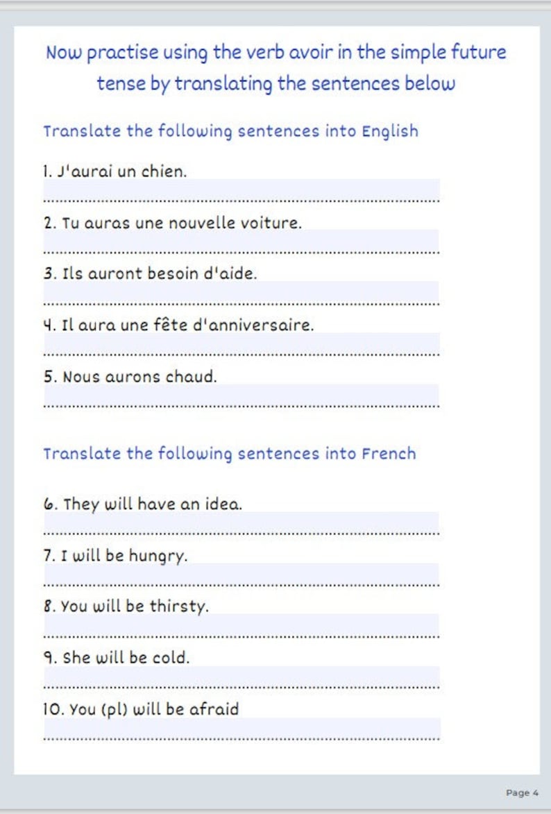 Avoir Simple Future Tense Printable French Verb Workbook Flashcards ...