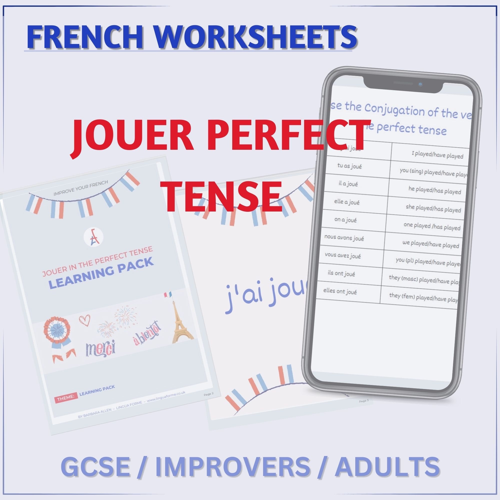 JOUER PERFECT Tense Printable French Verb Workbook Flashcards ...