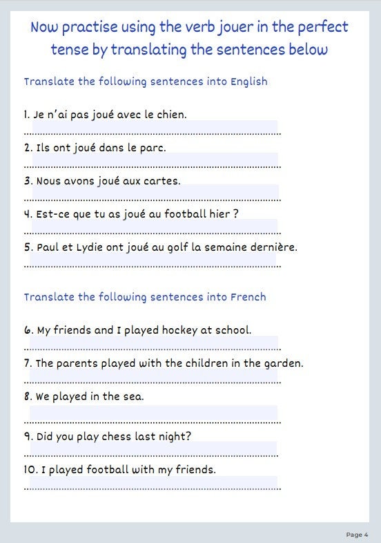 JOUER PERFECT Tense Printable French Verb Workbook Flashcards - Etsy