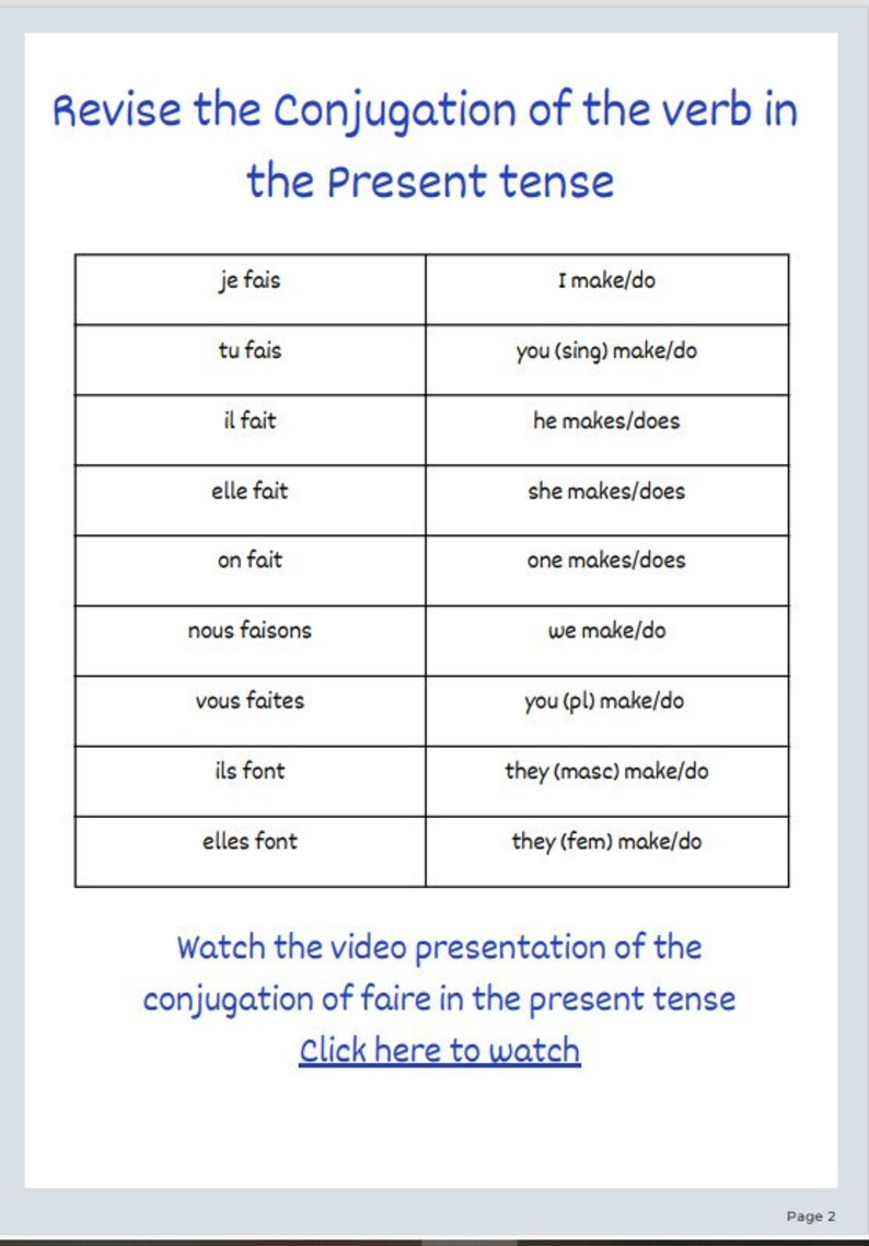 Faire Present Tense Printable French Verb Workbook Flashcards ...