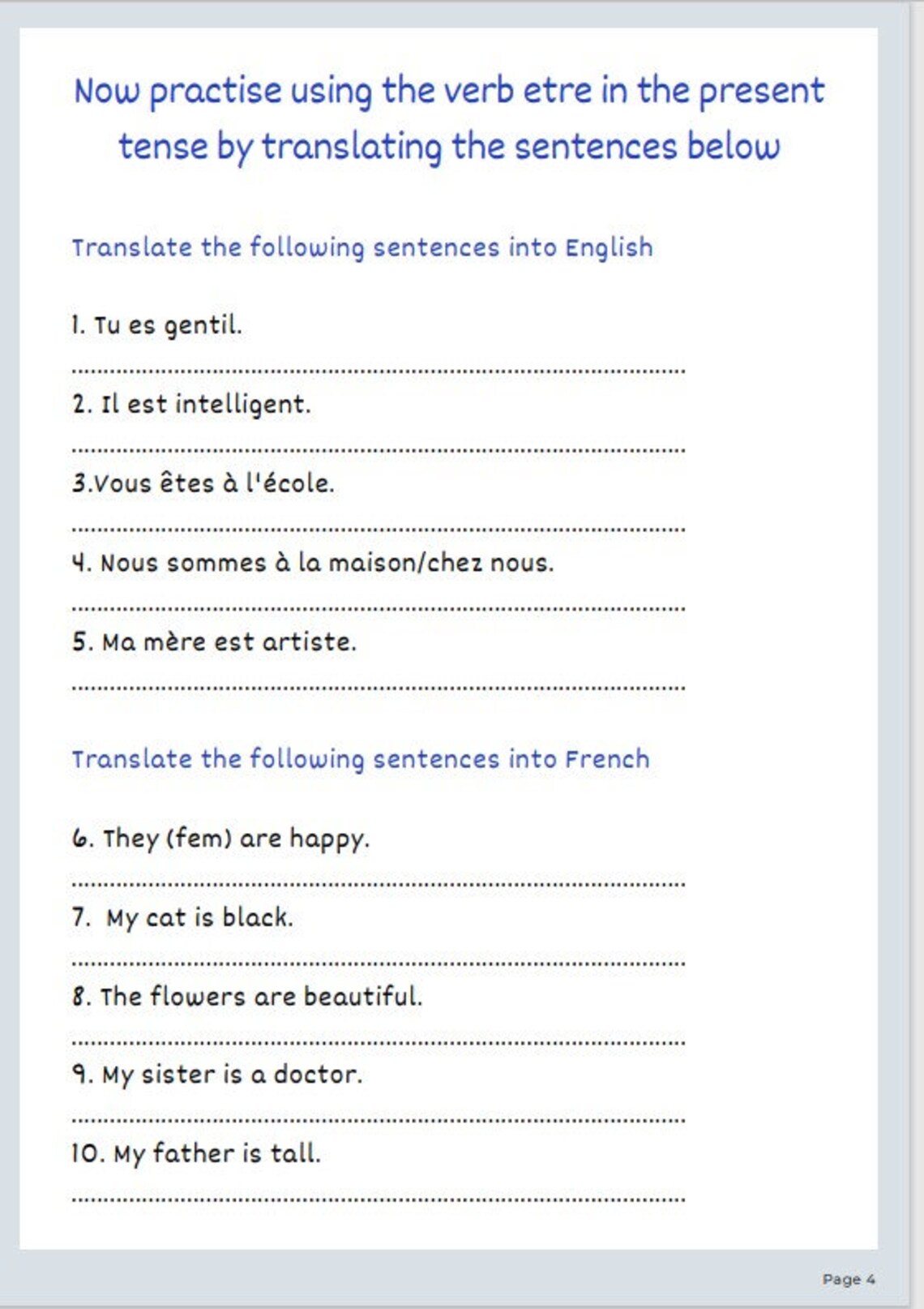 Etre Present Tense Printable French Verb Workbook Flashcards Worksheets ...