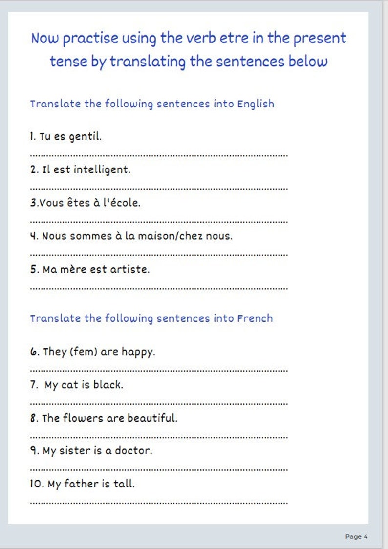 Etre Present Tense Printable French Verb Workbook Flashcards Worksheets ...