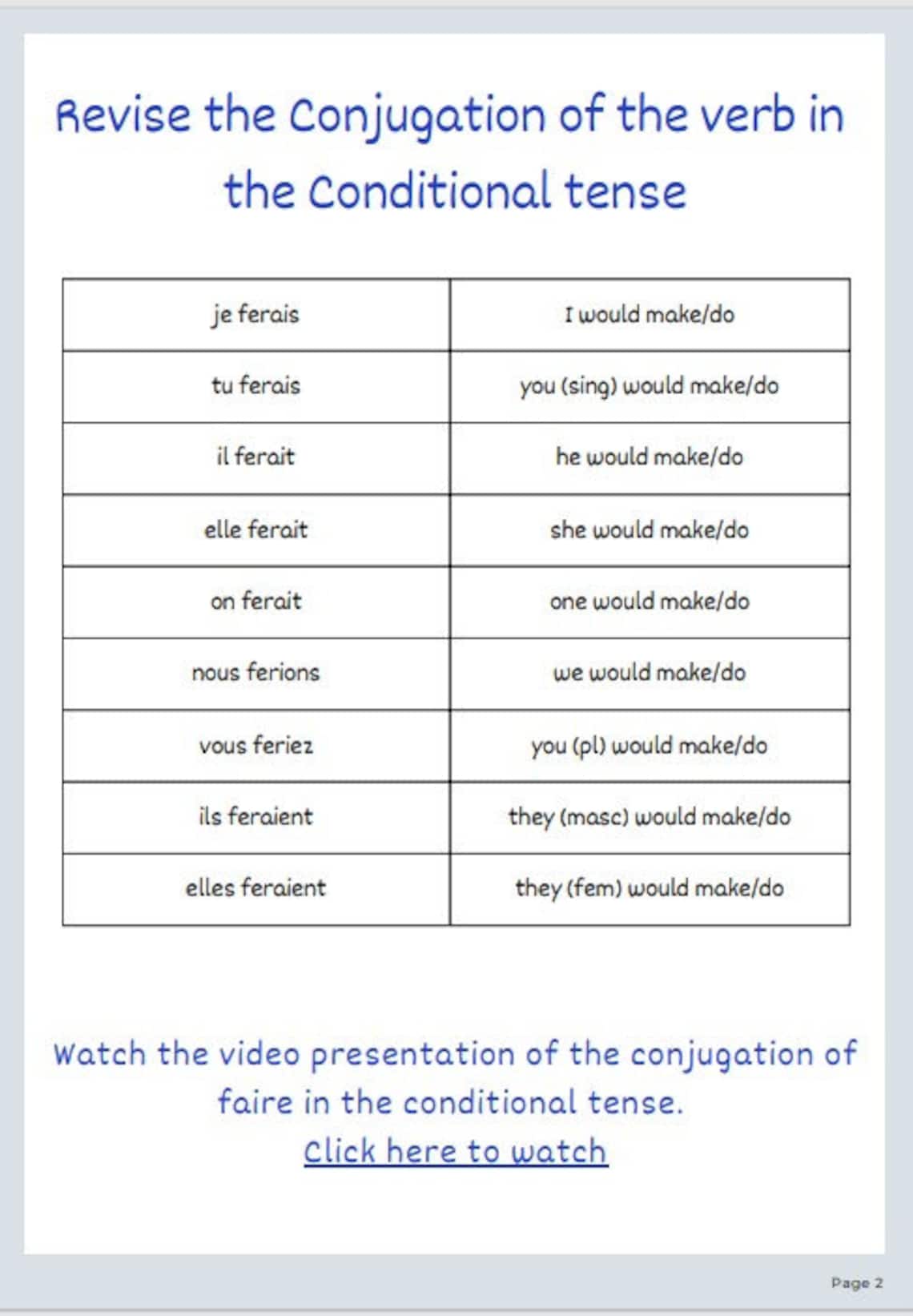 Faire Conditional Tense Printable French Verb Workbook - Etsy UK