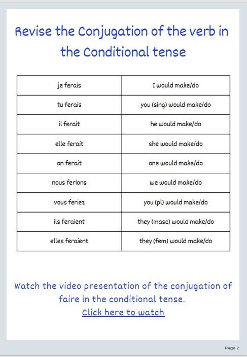 Faire Conditional Tense Printable French Verb Workbook Flashcards ...