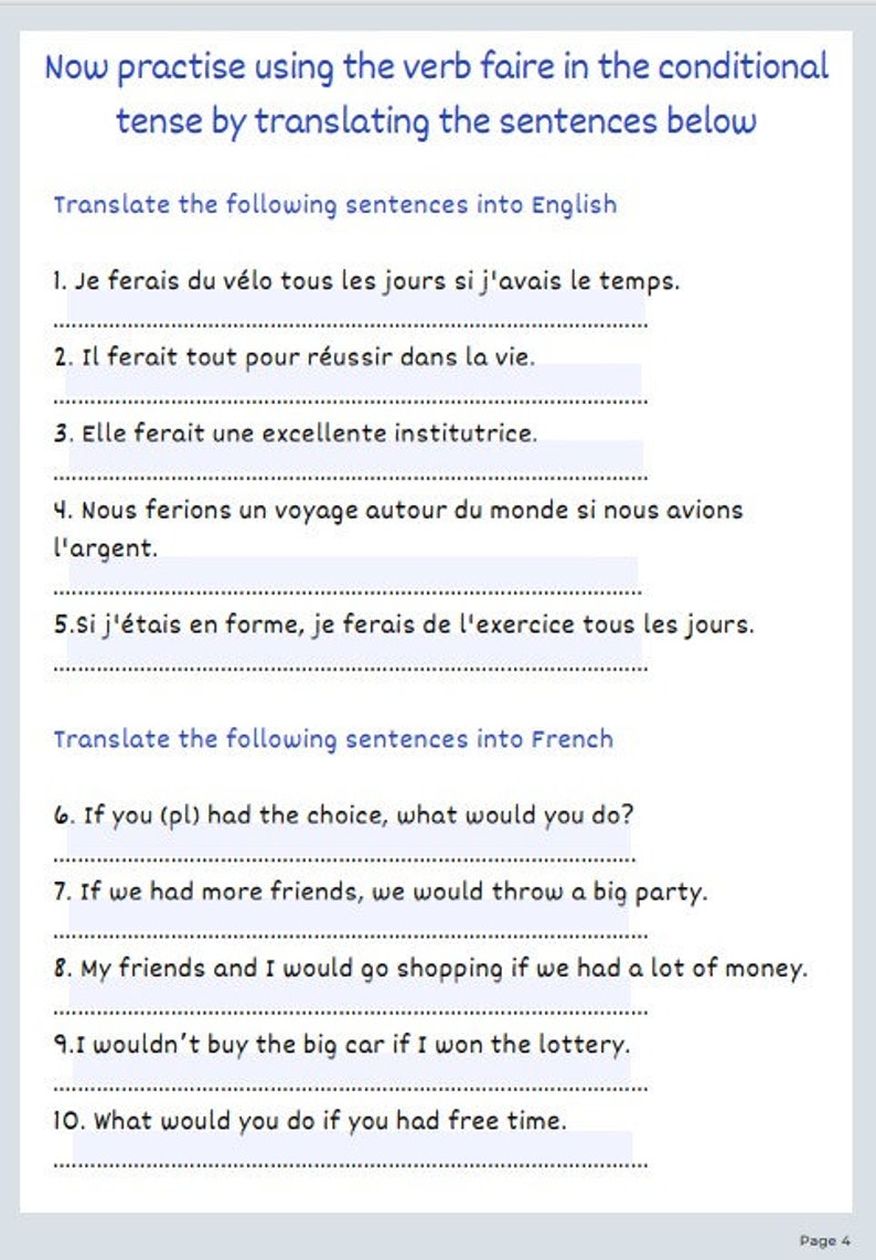 Faire Conditional Tense Printable French Verb Workbook Flashcards ...