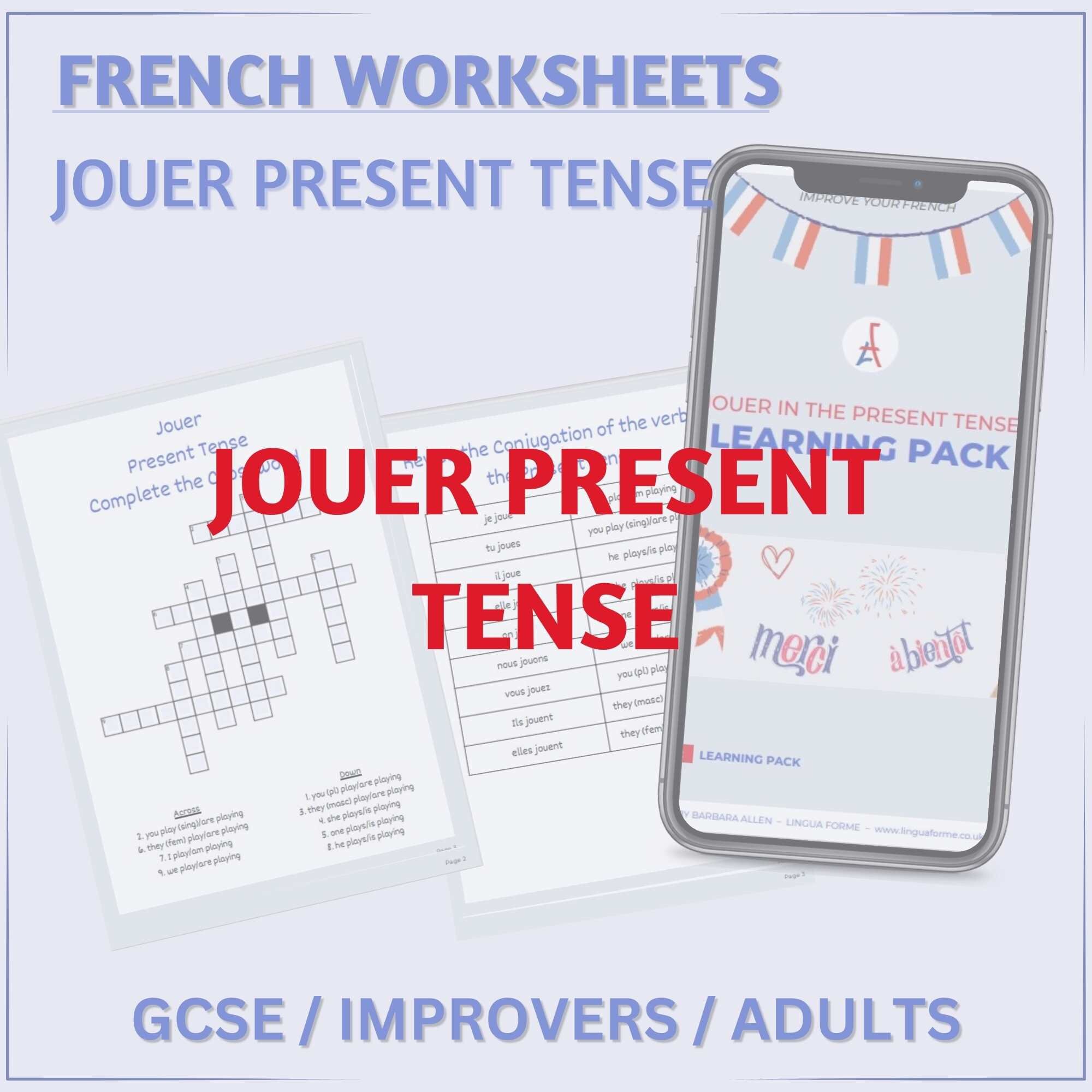 Jouer Present Tense Printable French Verb Workbook Flashcards ...