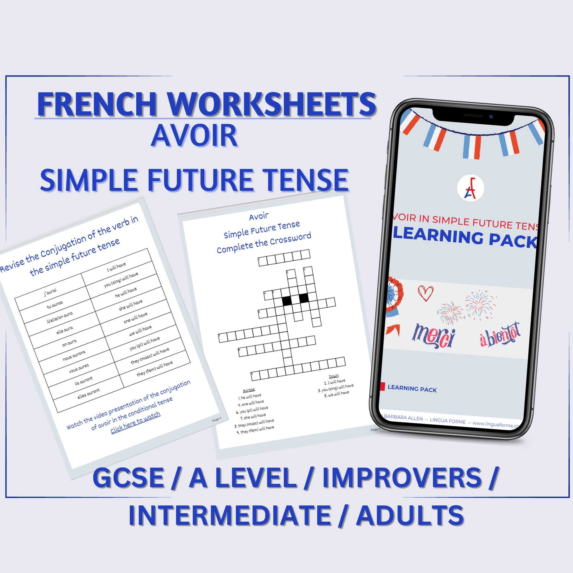 Avoir Simple Future Tense Printable French Verb Workbook Flashcards ...