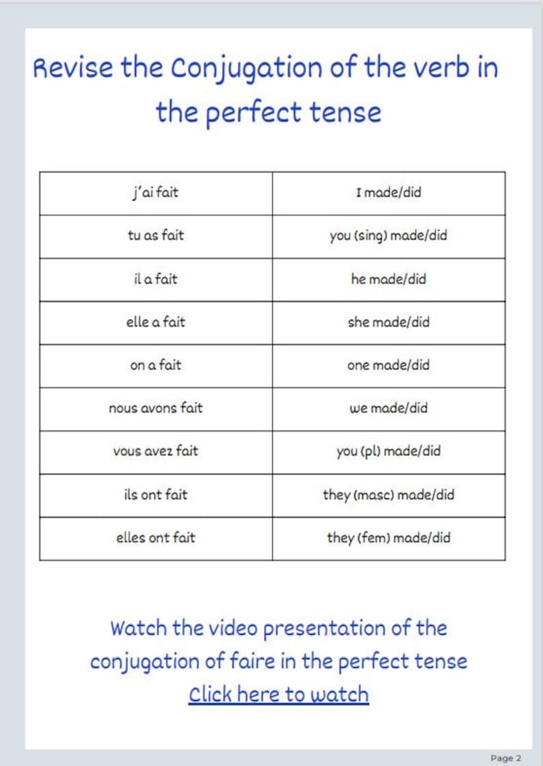 FAIRE PERFECT Tense Printable French Verb Workbook Flashcards ...