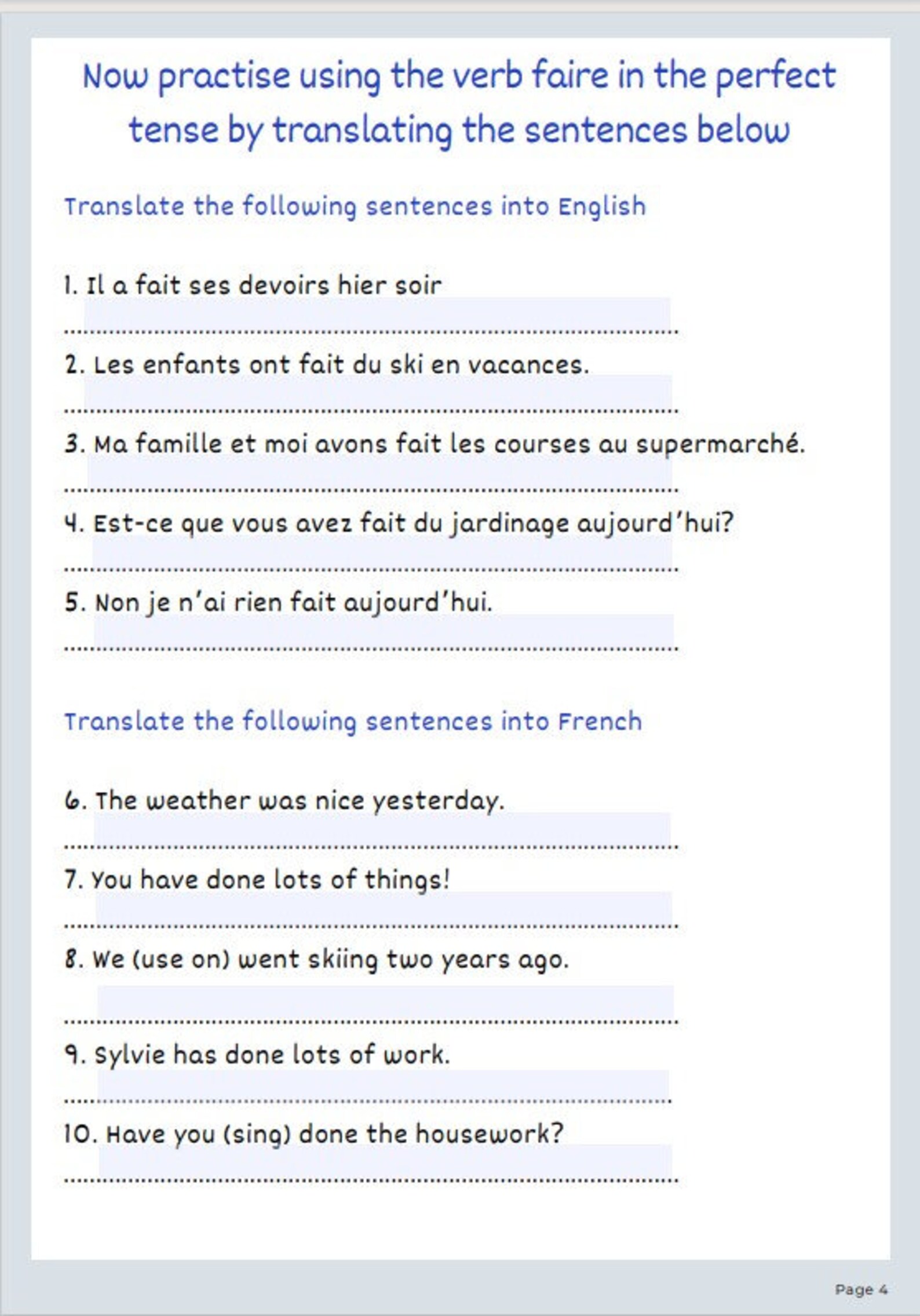 FAIRE PERFECT Tense Printable French Verb Workbook Flashcards ...