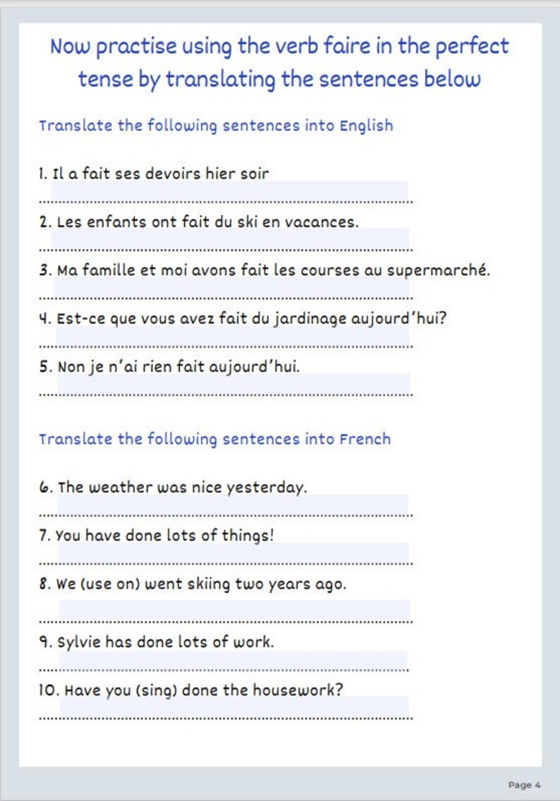 FAIRE PERFECT Tense Printable French Verb Workbook Flashcards ...