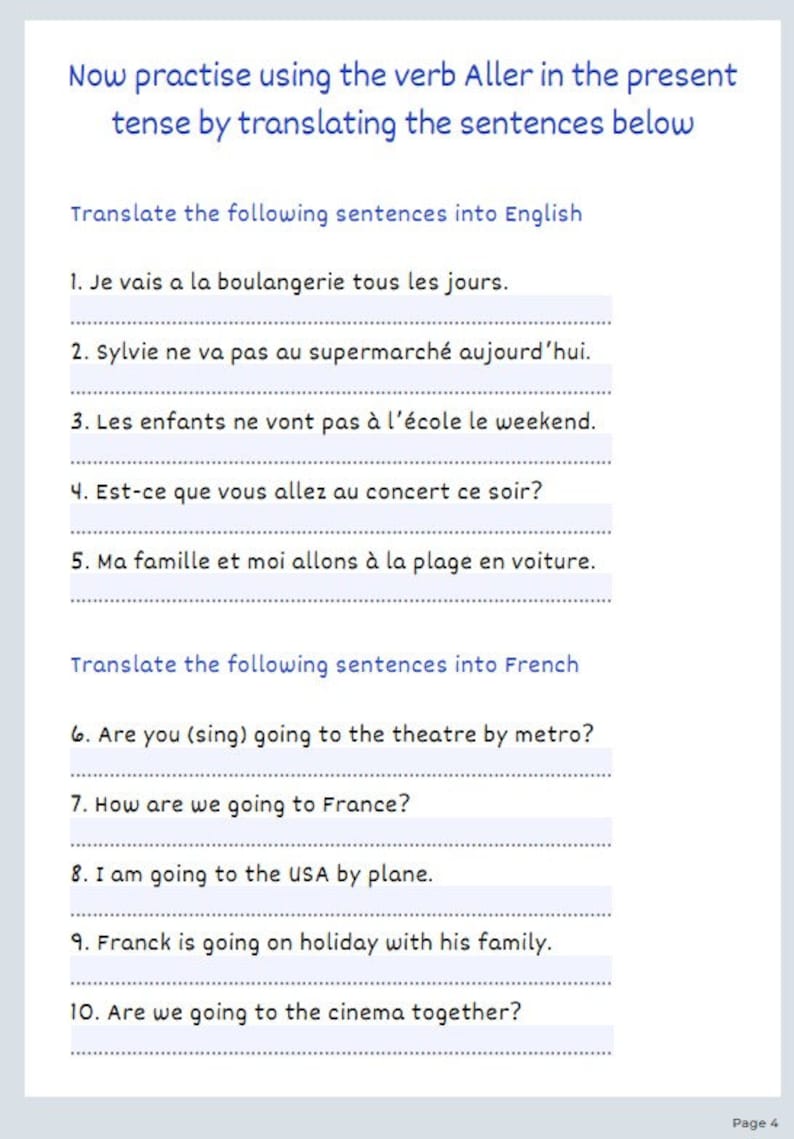 Aller Present Tense Printable French Verb Workbook Flashcards ...