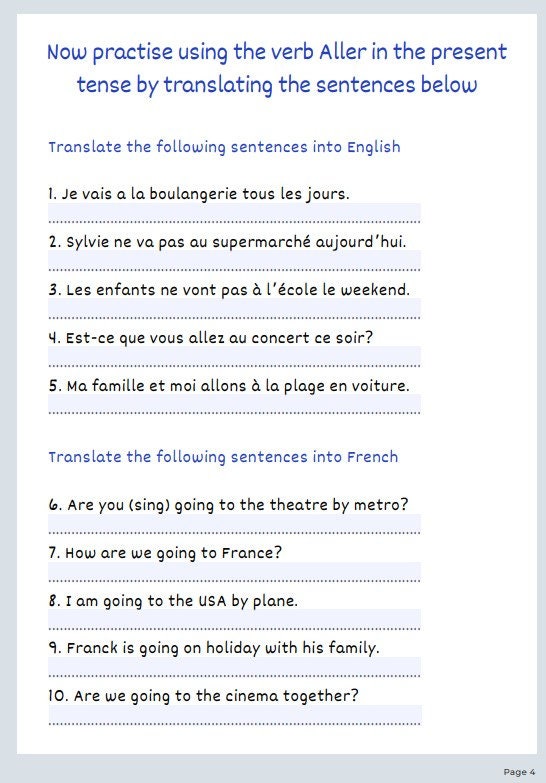 Aller Present Tense Printable French Verb Workbook Flashcards ...