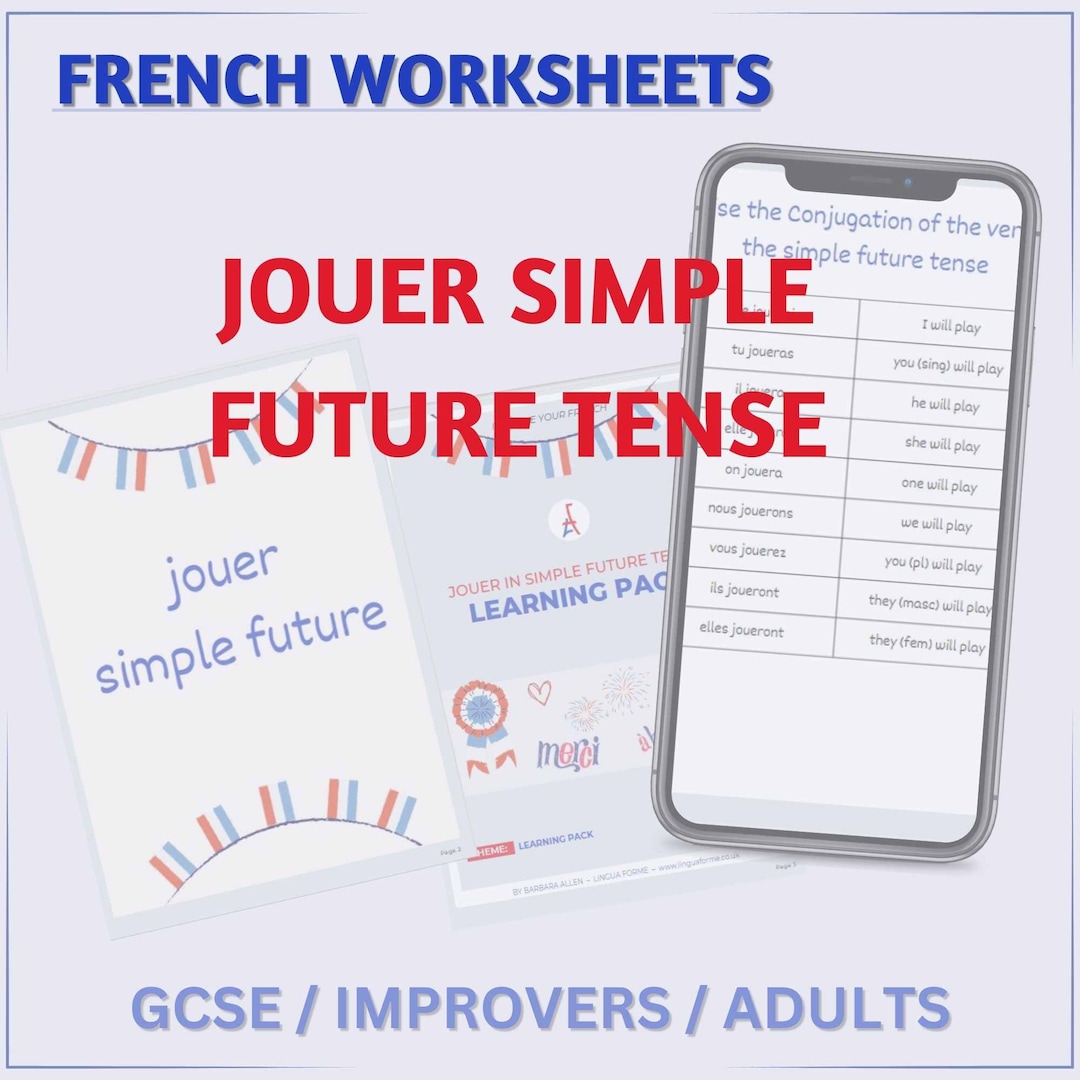 JOUER Simple Future Printable French Verb Workbook Flashcards ...