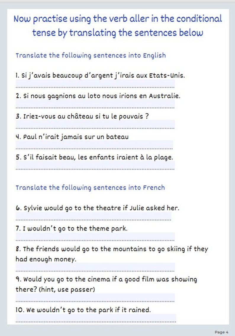 ALLER Conditional Tense Printable French Verb Workbook Flashcards ...