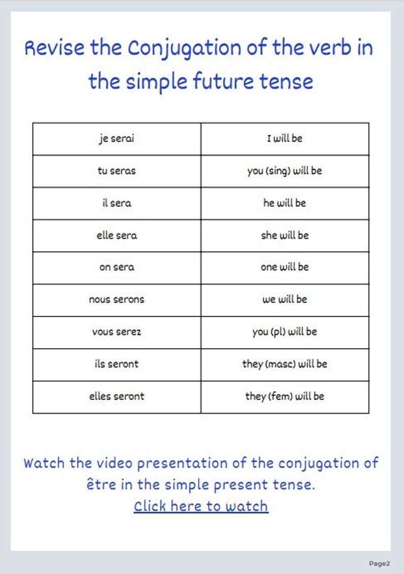 Etre Simple Future Printable French Verb Workbook Flashcards Worksheets ...