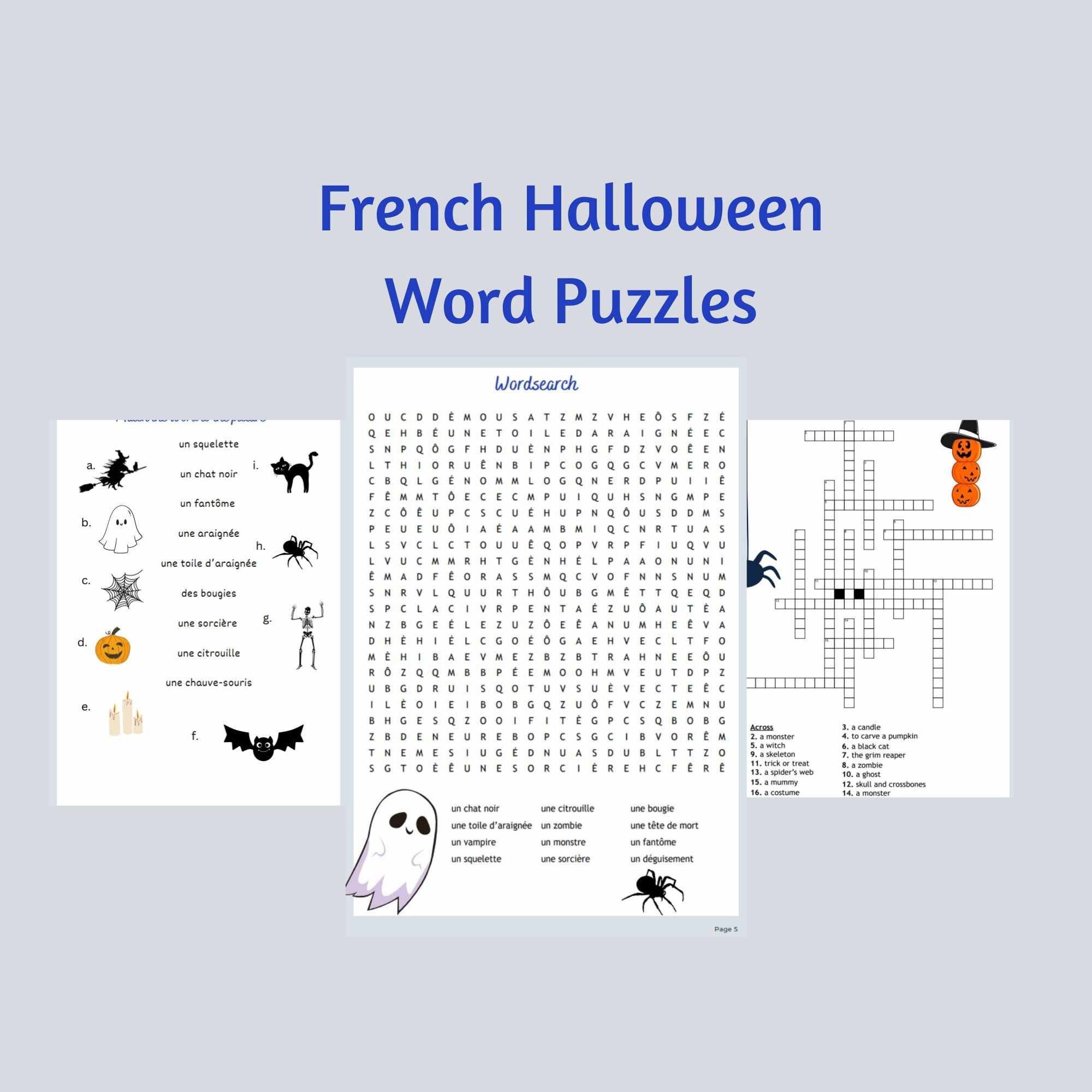 French Halloween Puzzle Book / Word Search / Crossword / Word Matching ...