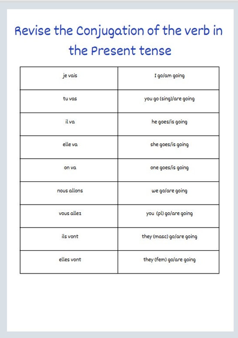 Aller Present Tense Printable French Verb Workbook Flashcards ...