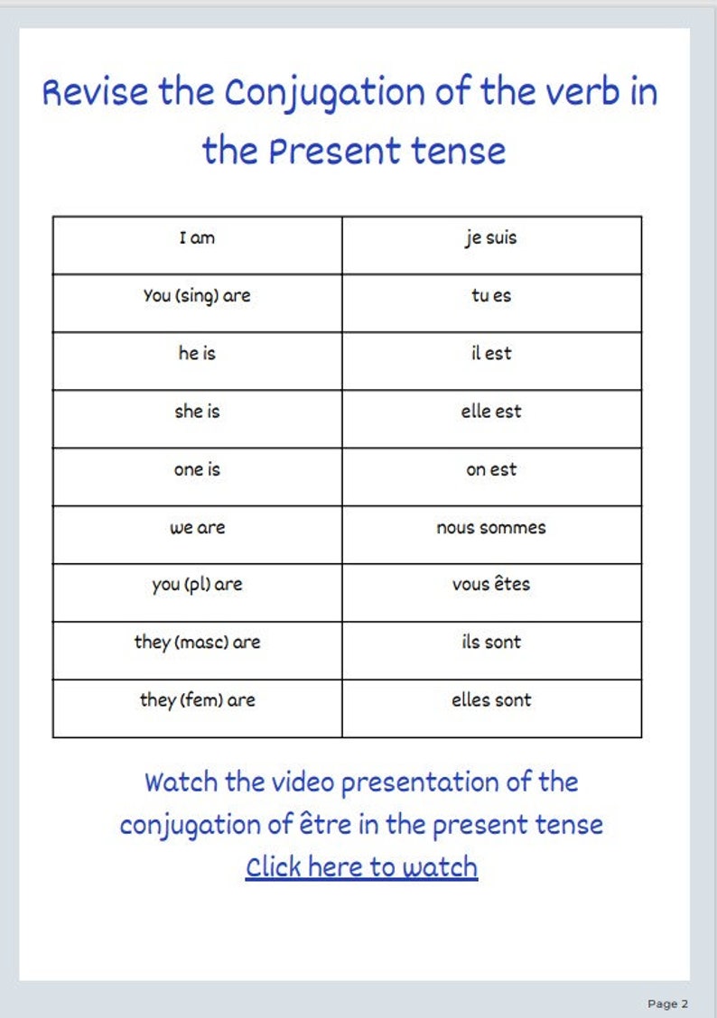 Etre Present Tense Printable French Verb Workbook Flashcards Worksheets ...