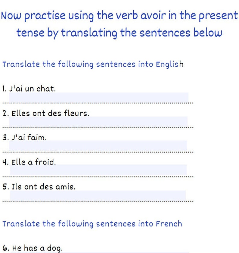 Avoir Present Tense Printable French Verb Workbook Flashcards ...