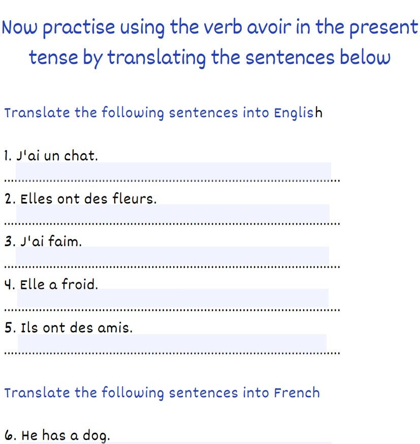 Avoir Present Tense Printable French Verb Workbook Flashcards ...