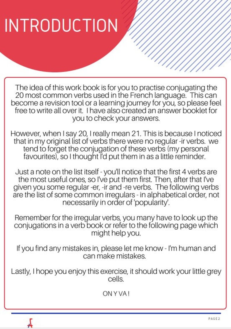 20 Verbs in French Fillable Workbook Download Version A Level GCSE ...