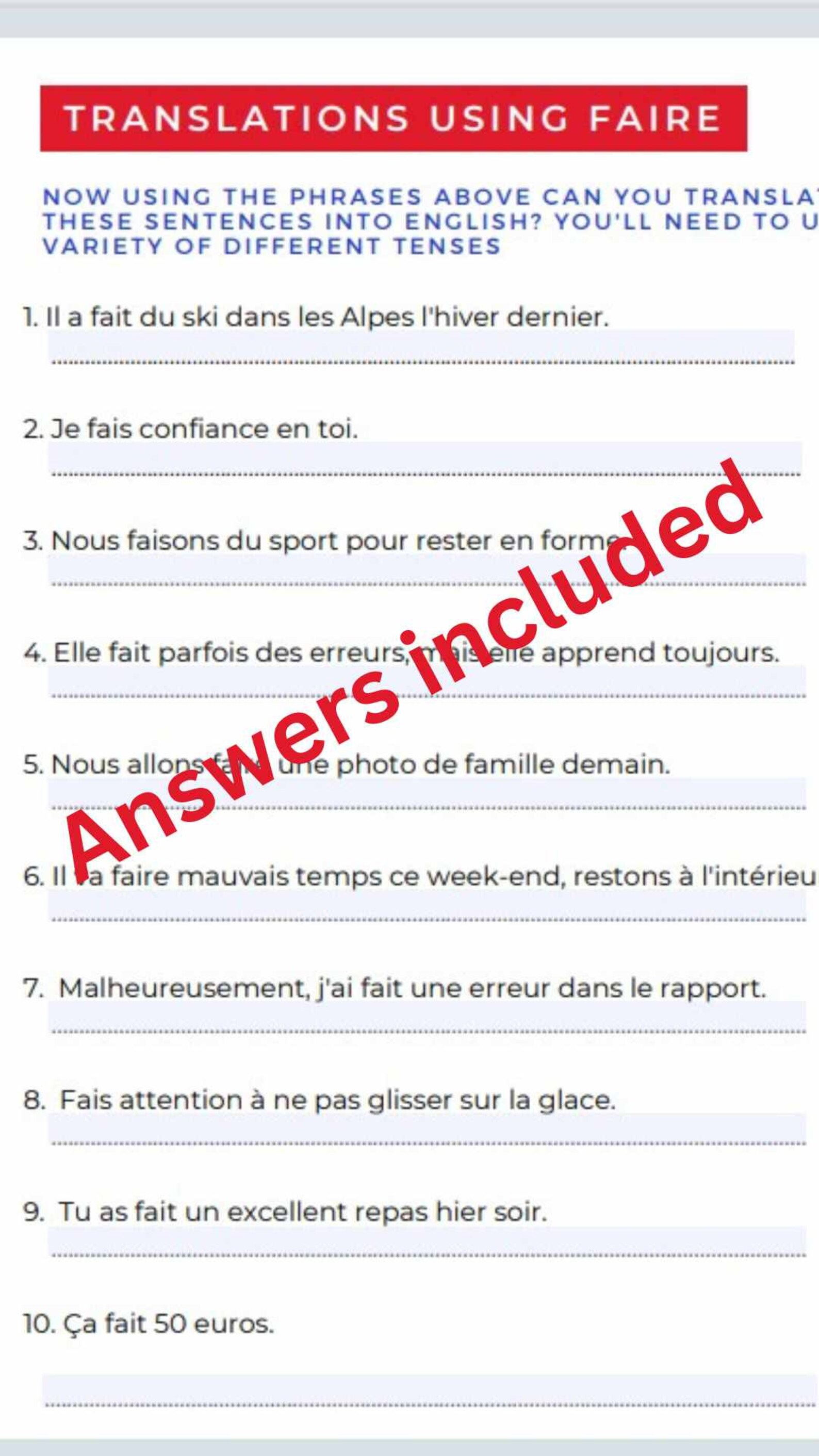 Translations Using Faire French & English Printable Fillable A Level ...