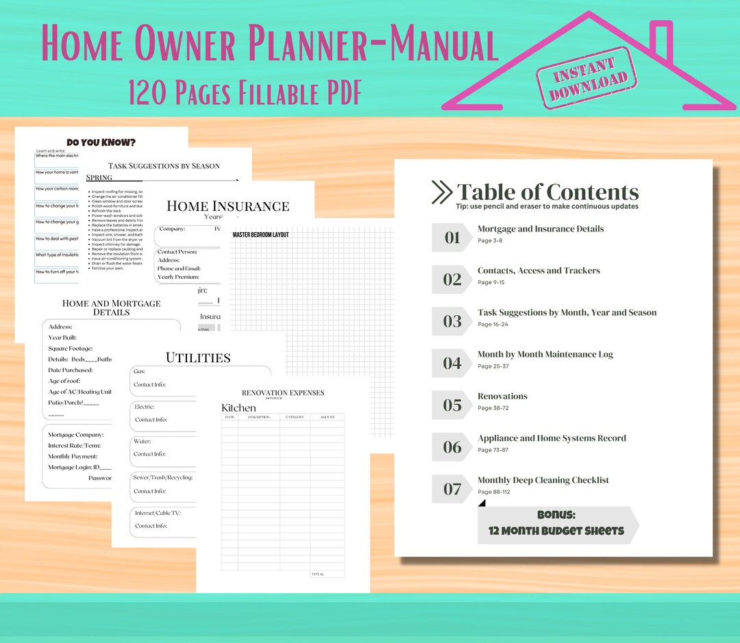 Home Maintenance Planner Manual, Household Improvement, House ...