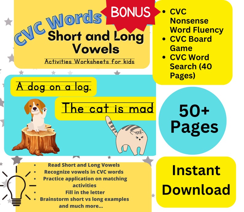 CVC Words, Short and Long Vowels, Spelling and Writing Practice ...