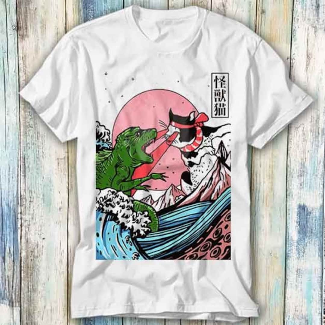 Horror Dinosaur Cat the Great Wave off Kanagawa Catzilla Hokusai Sea ...