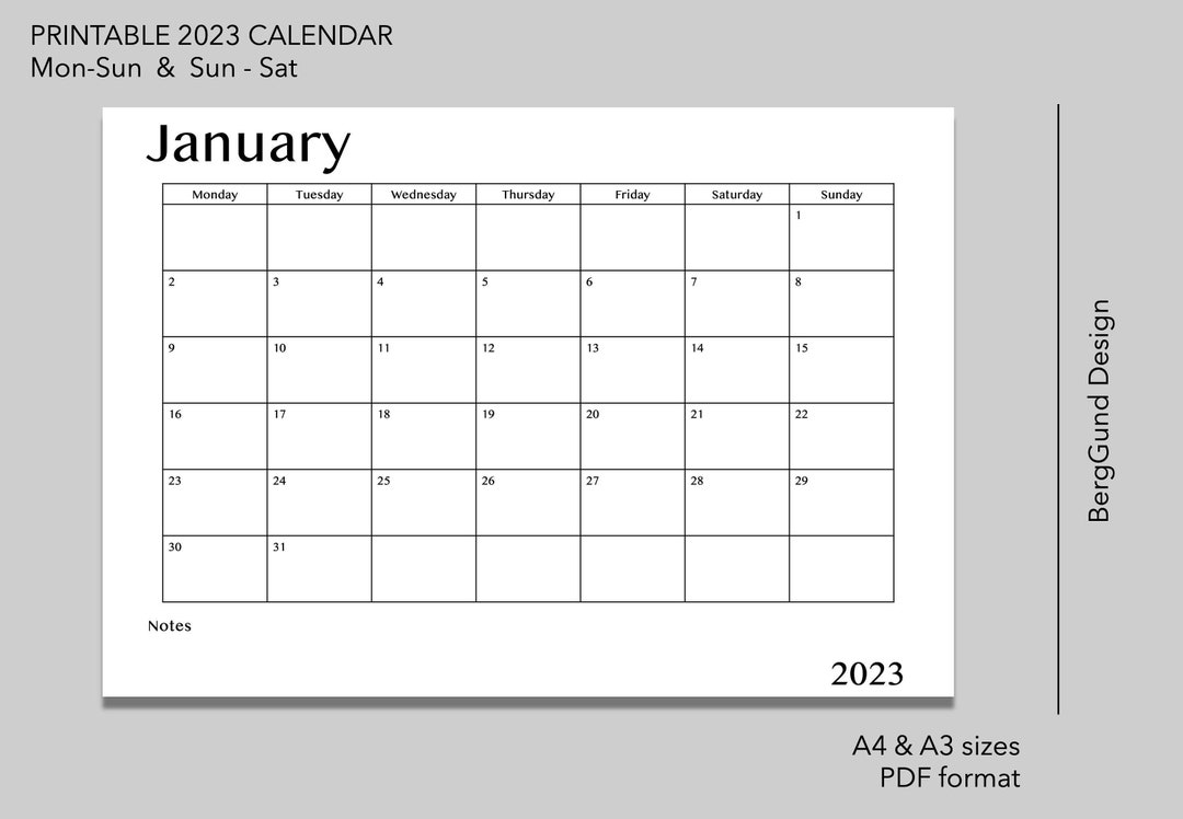 2023 Printable Calendar, Minimalistic Monthly Calendar 2023, Landscape ...