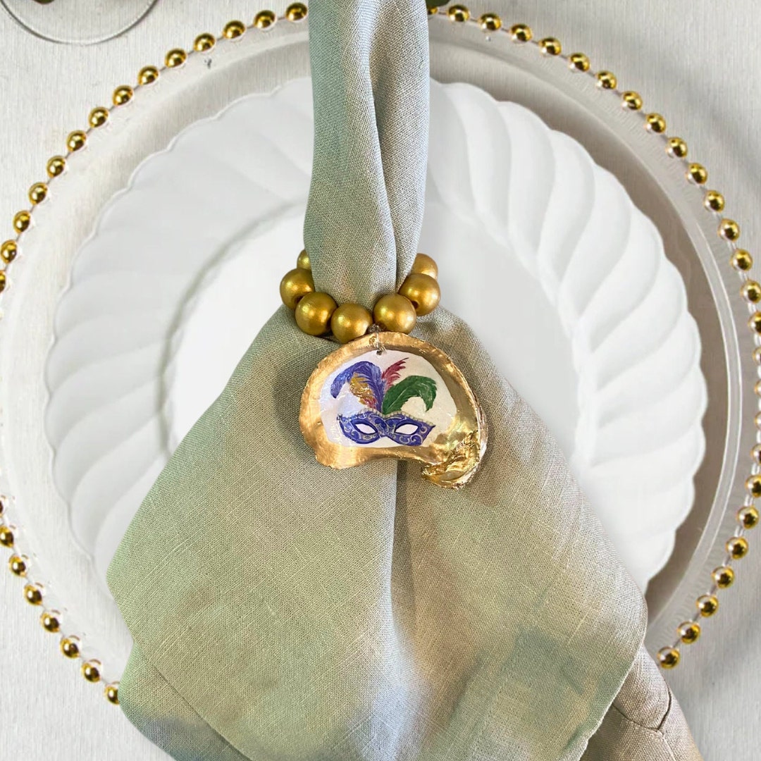 Mardi Gras Gold Leaf Oyster Shell Napkin Rings Beaded Loop (set of 4 ...