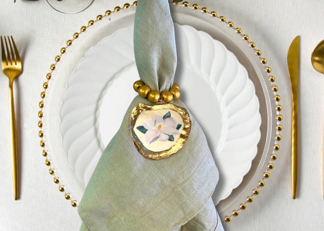 Magnolia Gold Leaf Oyster Shell Napkin Rings Beaded Loop (set of 4) - Etsy