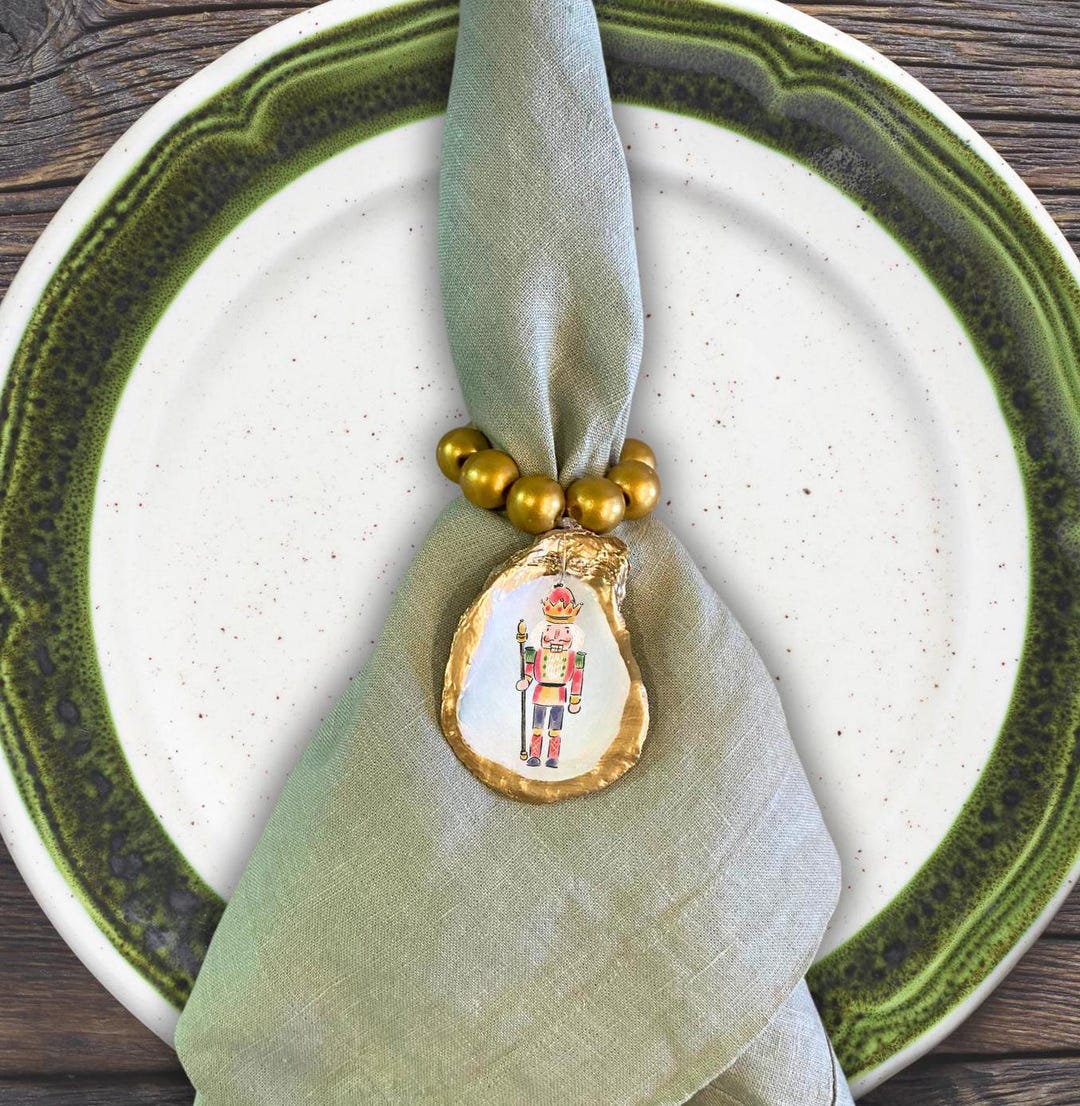 Nutcracker Coastal Christmas Gold Leaf Oyster Shell Napkin Rings Beaded ...