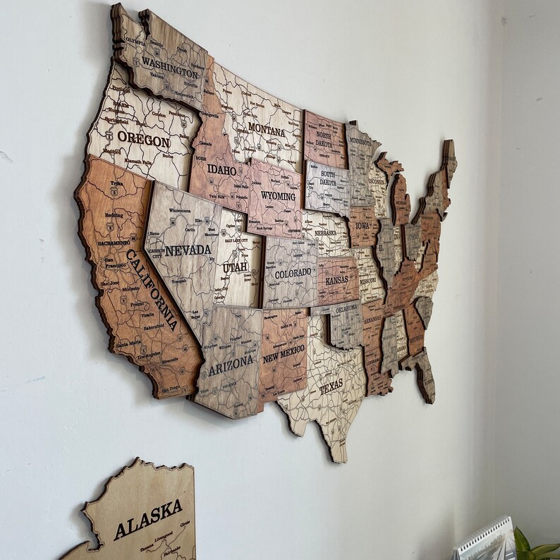 3D Multi-layered USA Wooden Map, Rustic Wall Décor, Detailed Engraved ...