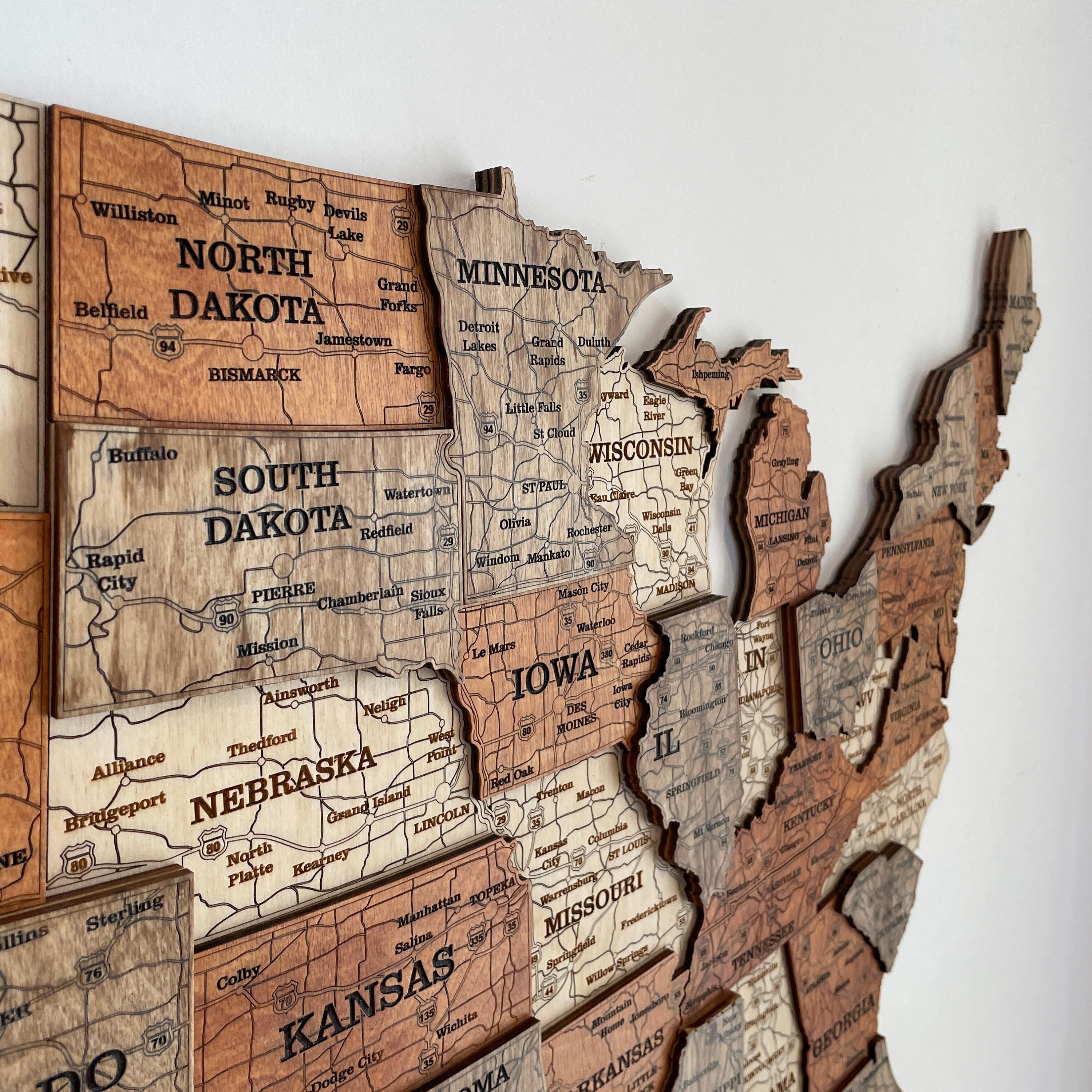 3D Multi-layered USA Wooden Map, Rustic Wall Décor, Detailed Engraved ...