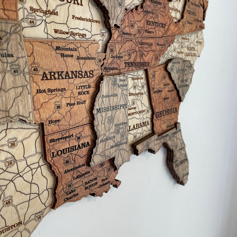 3D Multi-layered USA Wooden Map, Rustic Wall Décor, Detailed Engraved ...