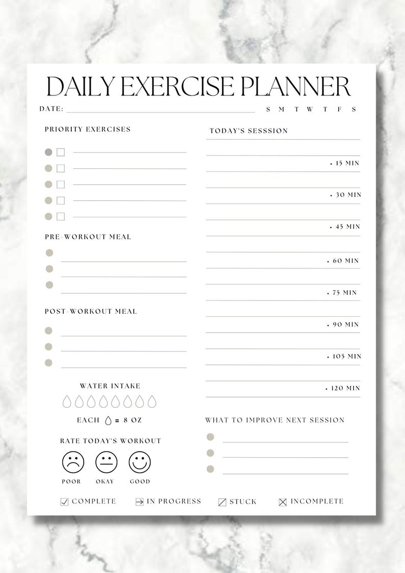 Daily Exercise Planner Printable, Instant Download, Productivity ...