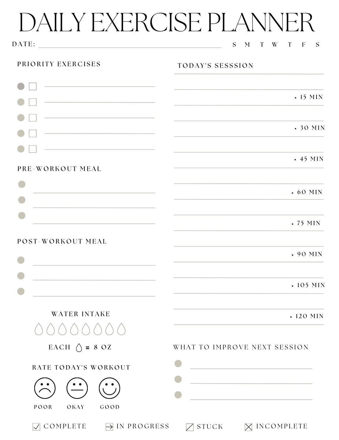 Daily Exercise Planner Printable, Instant Download, Productivity ...
