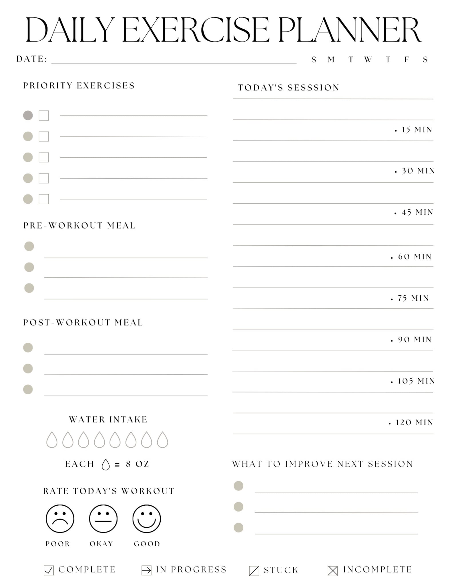 Daily Exercise Planner Printable, Instant Download, Productivity ...