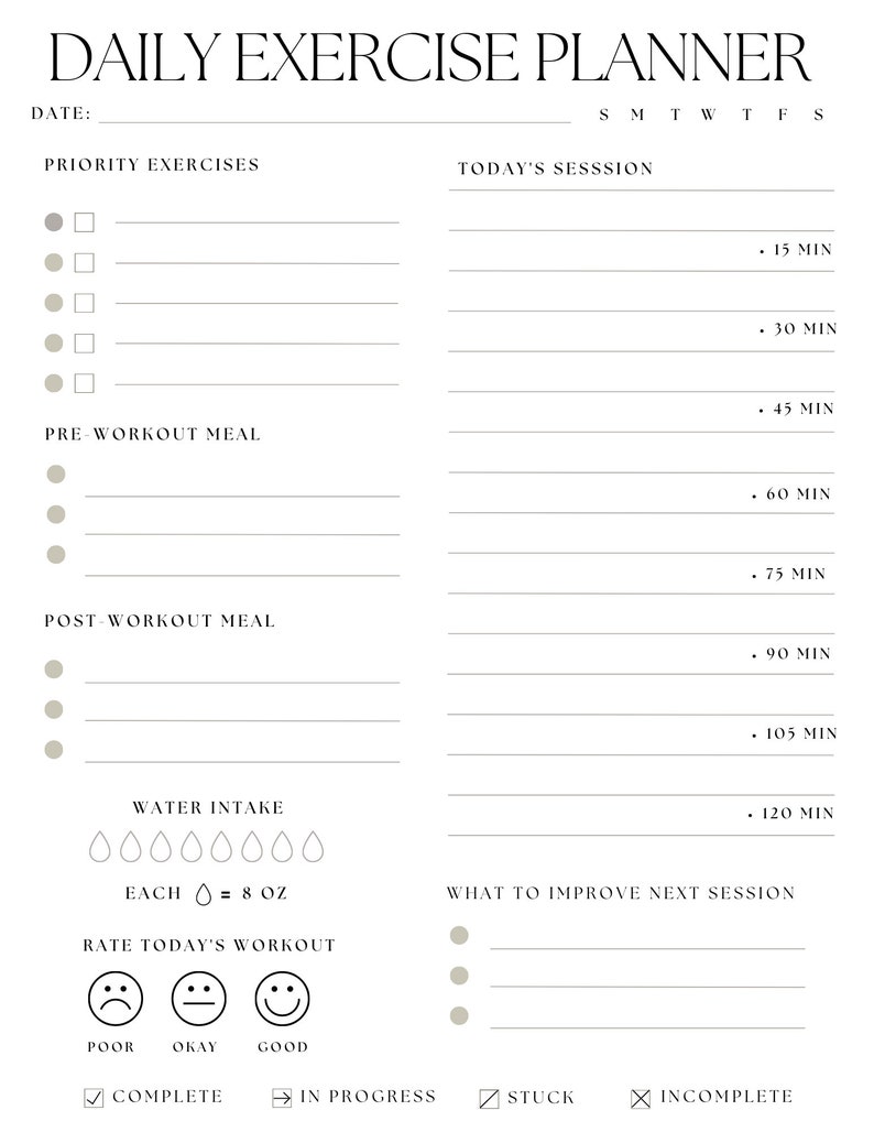 Daily Exercise Planner Printable, Instant Download, Productivity ...