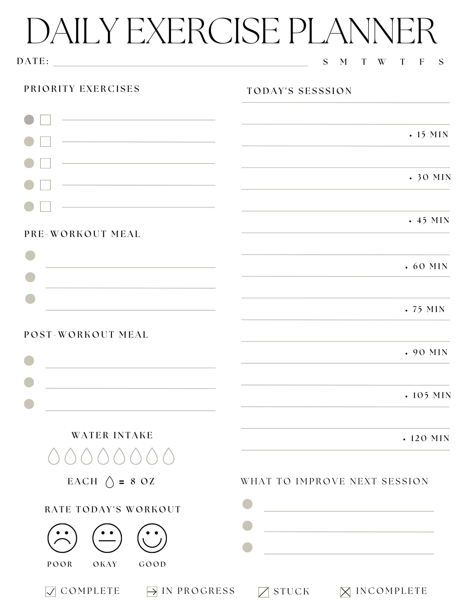 Daily Exercise Planner Printable, Instant Download, Productivity ...