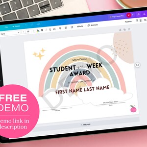 Editable Student of the Week Certificate With Pastel Boho Rainbow ...