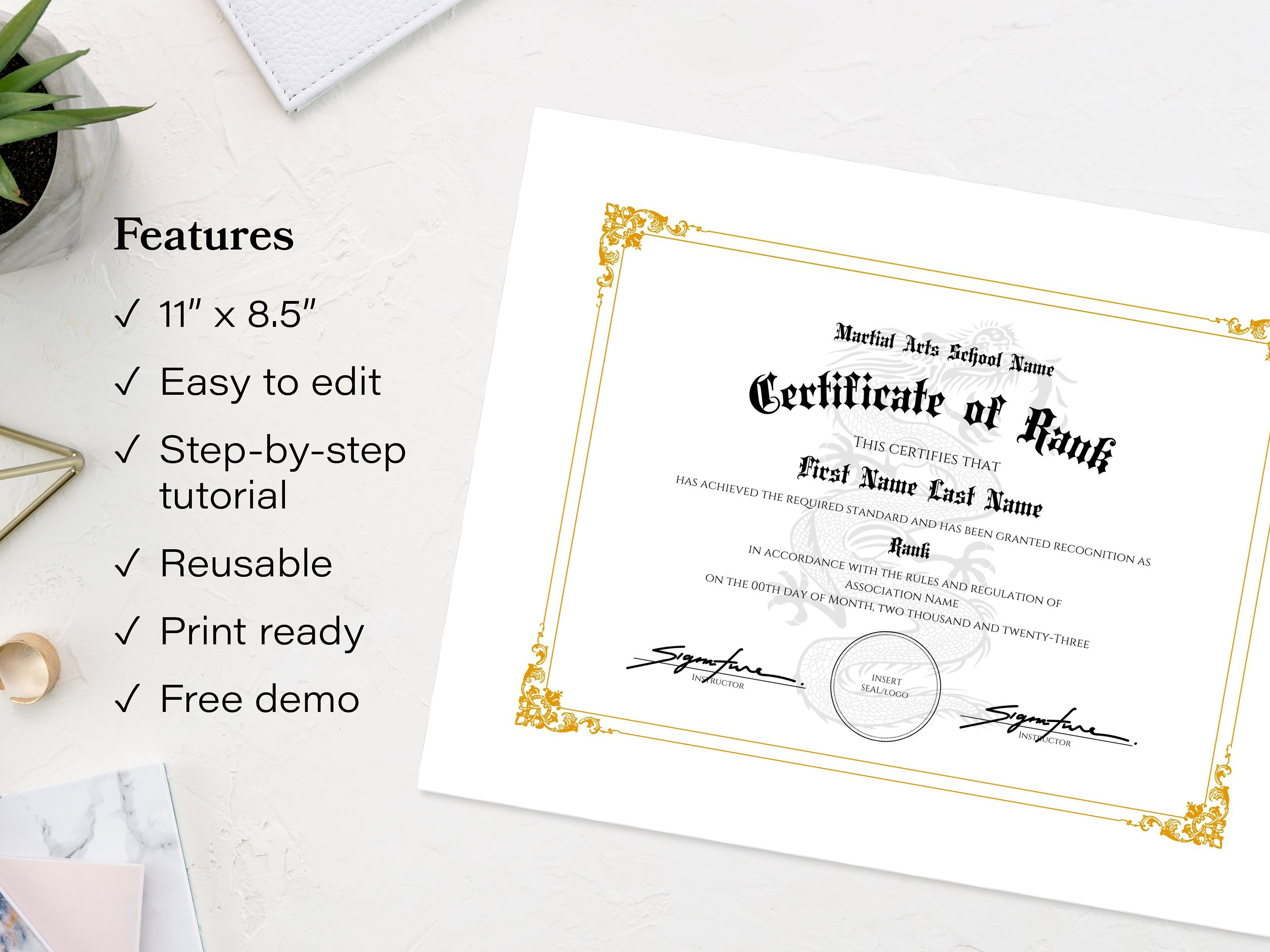 Editable Certificate of Rank Recognition | Dragon Martial Arts Award ...