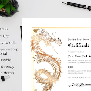 Editable Certificate of Rank Recognition | Faux Gold Dragon Martial ...